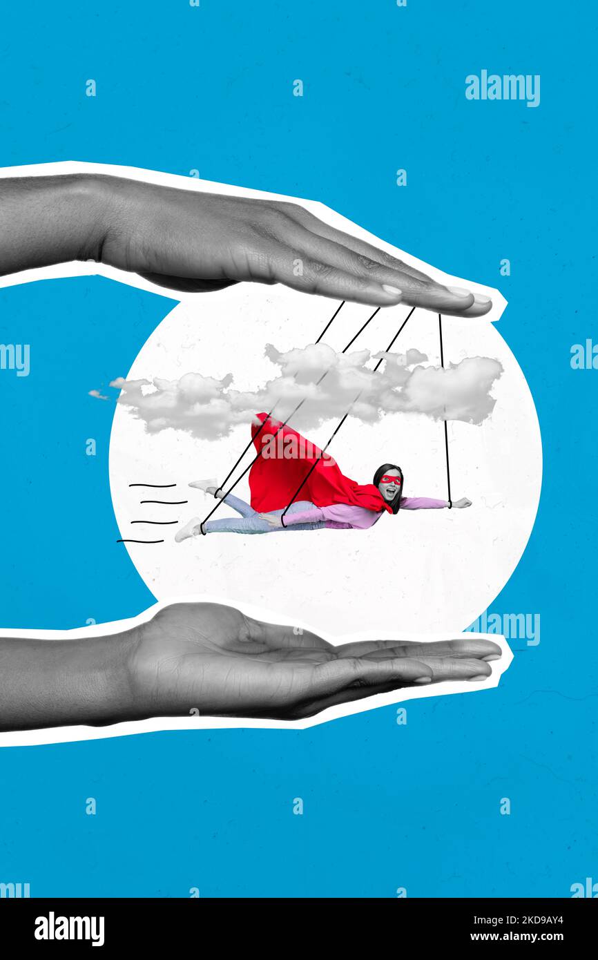 Creative photo 3d collage artwork of two big human arm rope hold young ...