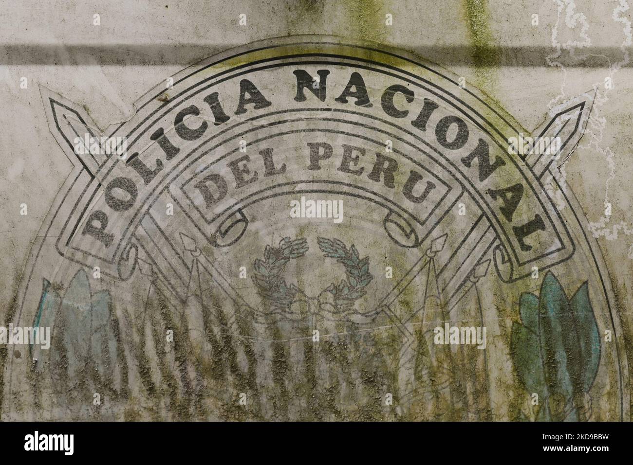 Police logo seen on an old Police car parked in Aguas Calientes. On ...