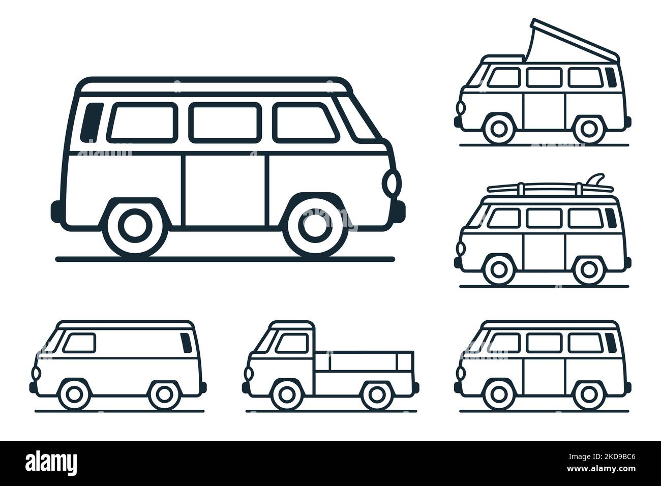 2D illustrated van icons with several variations on an isolated white ...