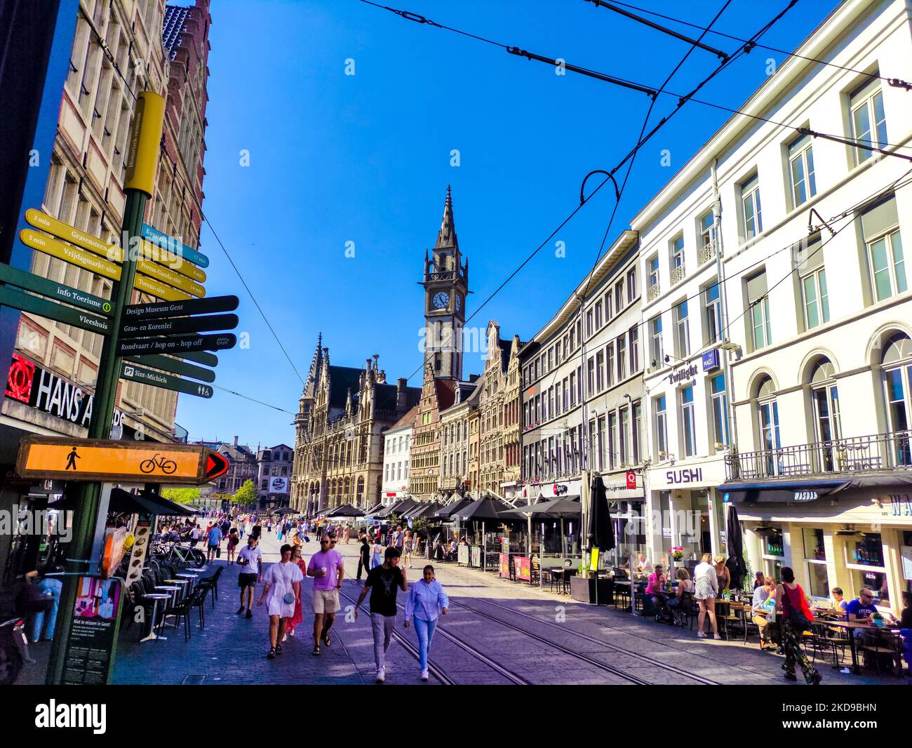 Streets in Gent, Belgium with people, buildings. Crowded city at day ...