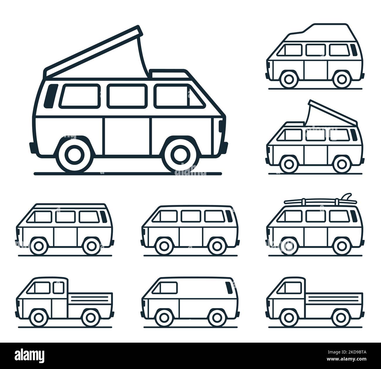 2D illustrated van icons with several variations on an isolated white ...