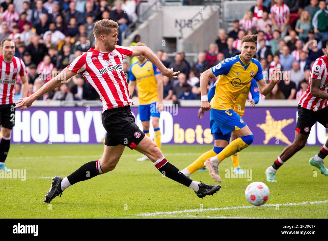 Kristoffer Ajer of Brentford scores during the Premier League match ...