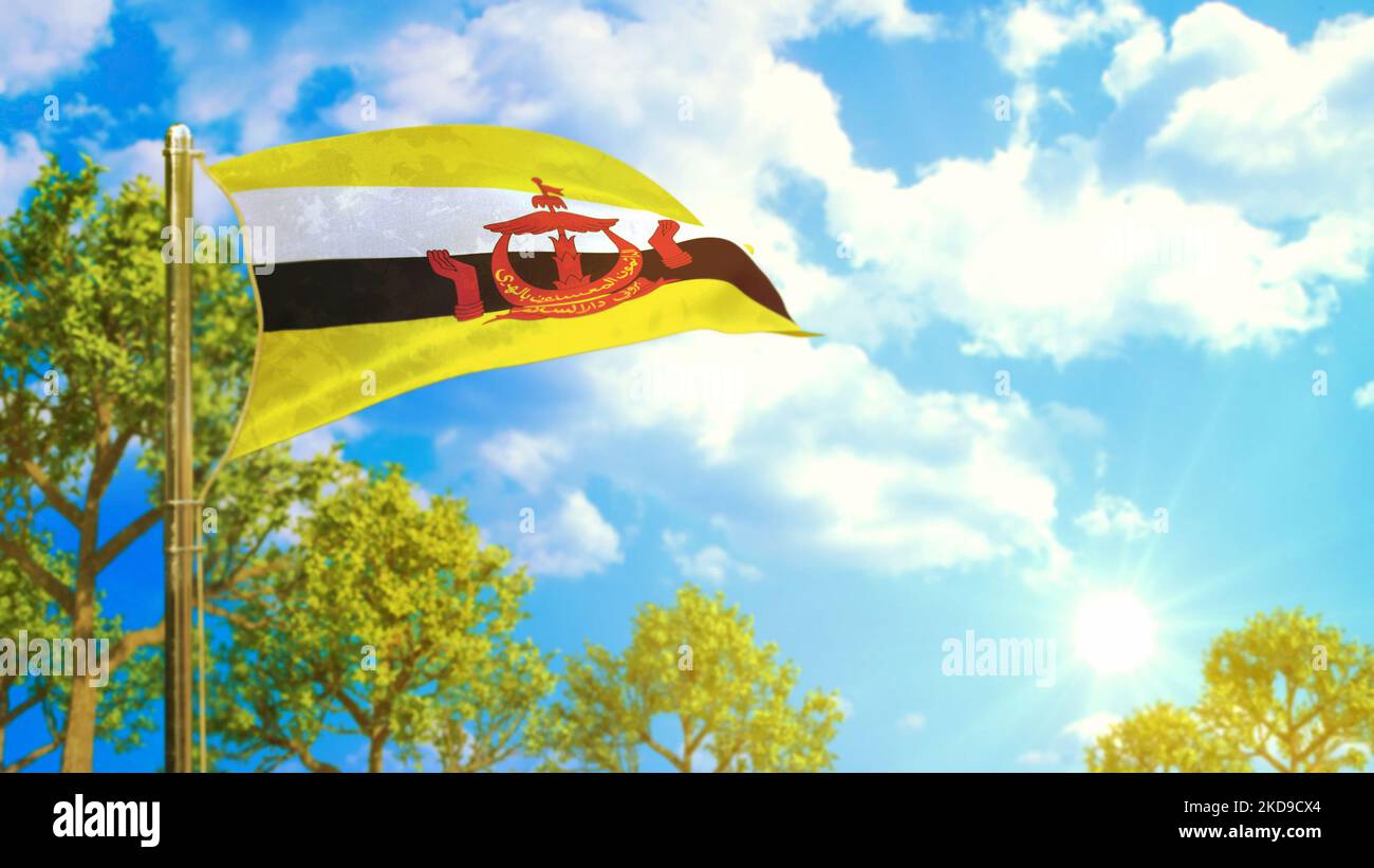 flag of Brunei Darussalam at sunny day, comfort life symbol - nature 3D ...