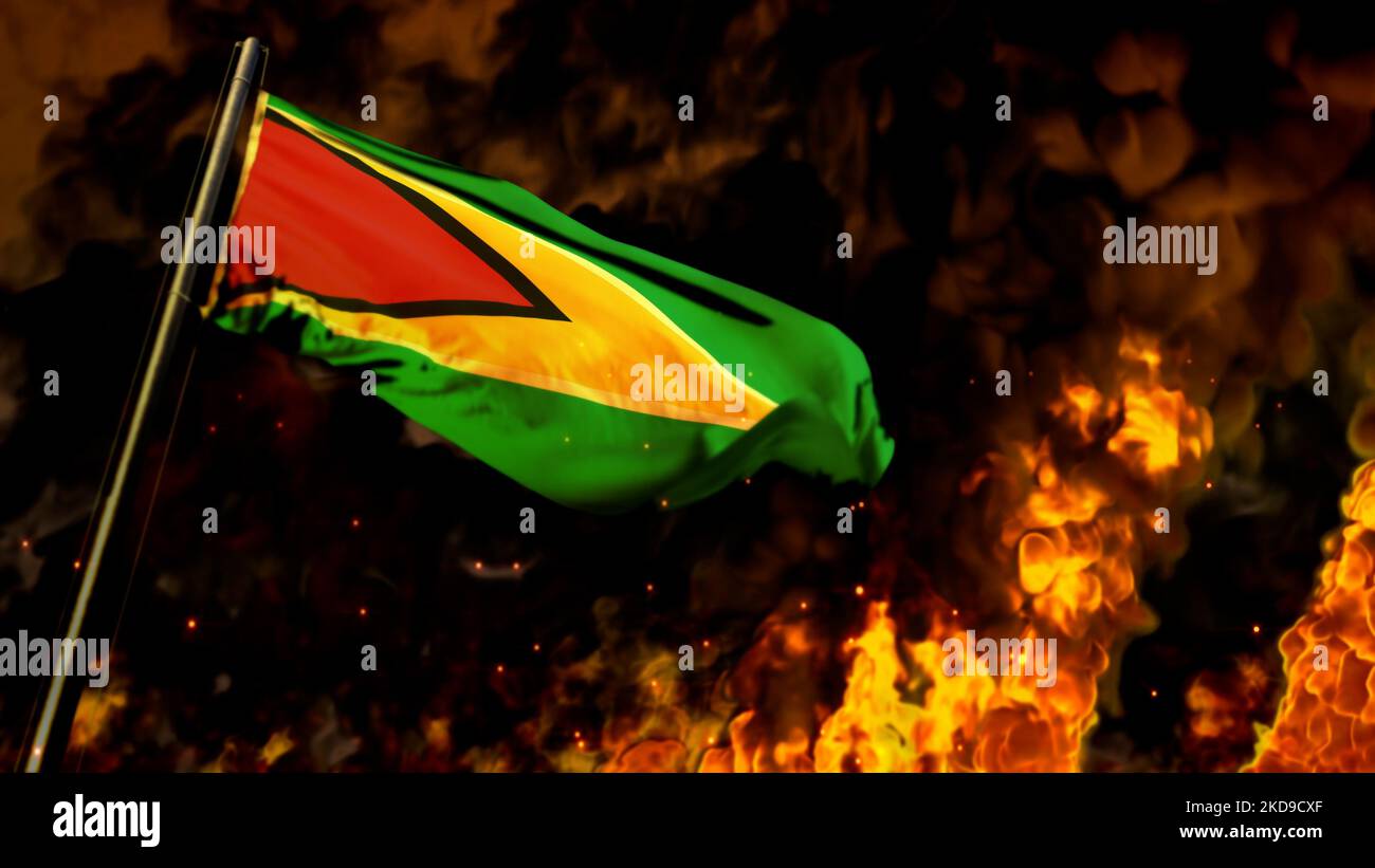 flag of Guyana on burning fire backdrop - hard times concept - abstract 3D illustration Stock ...