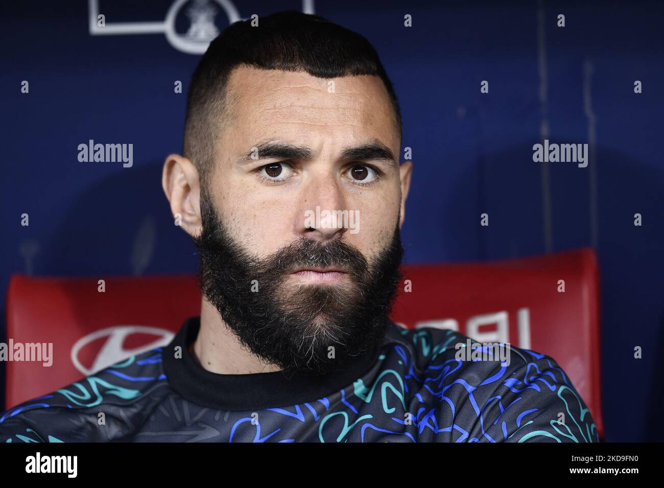 Karim Benzema of Real Madrid sitting on the bench prior the La Liga ...