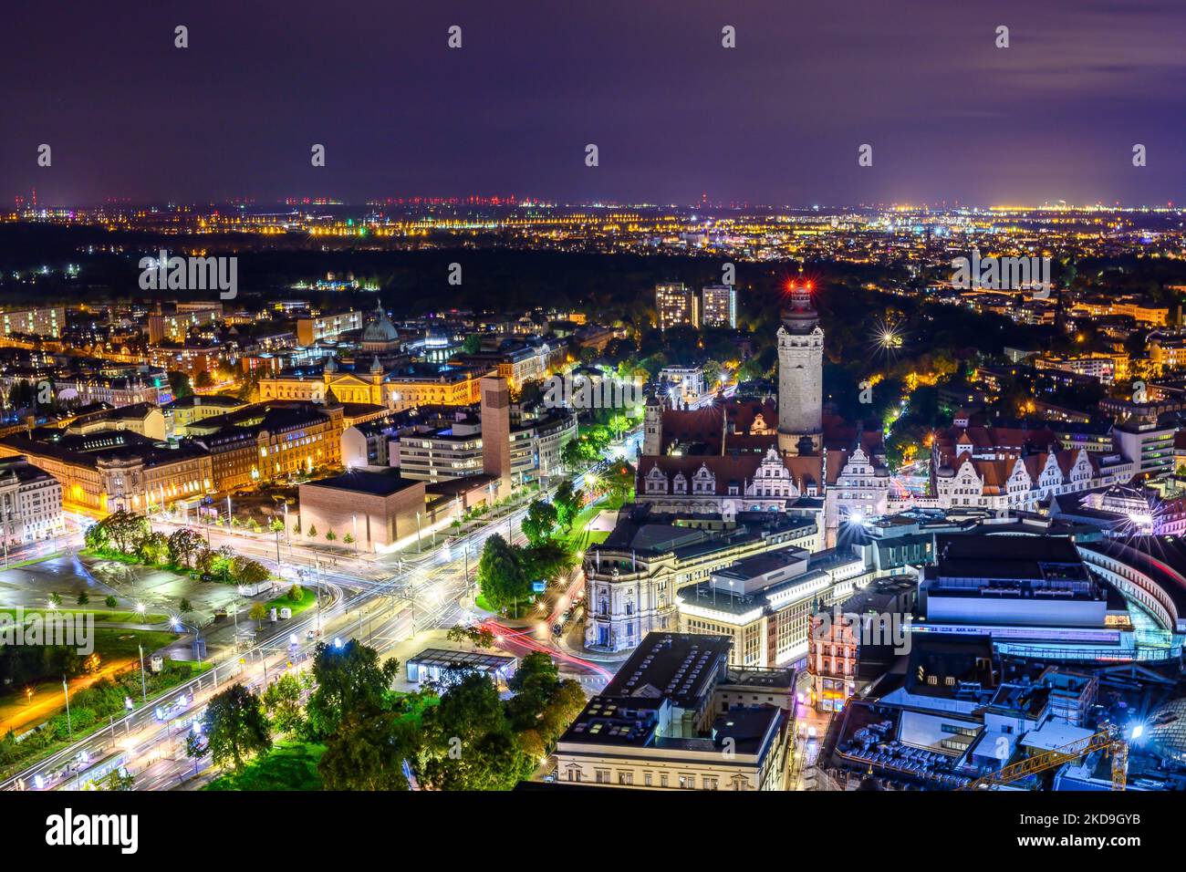 A panoramic view of Leipzig at night from the city skyscraper at ...