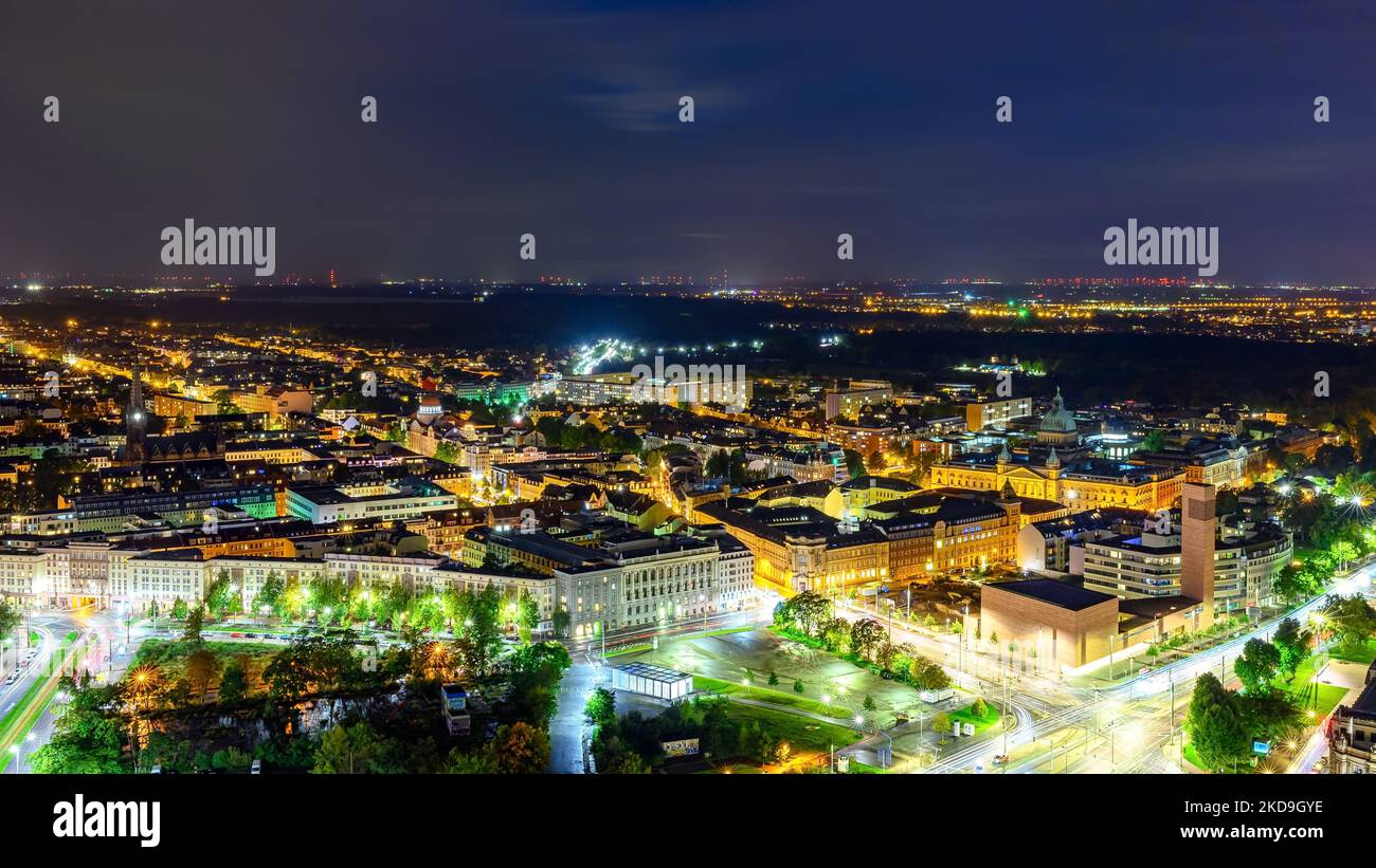 A panoramic view of Leipzig at night from the city skyscraper at ...