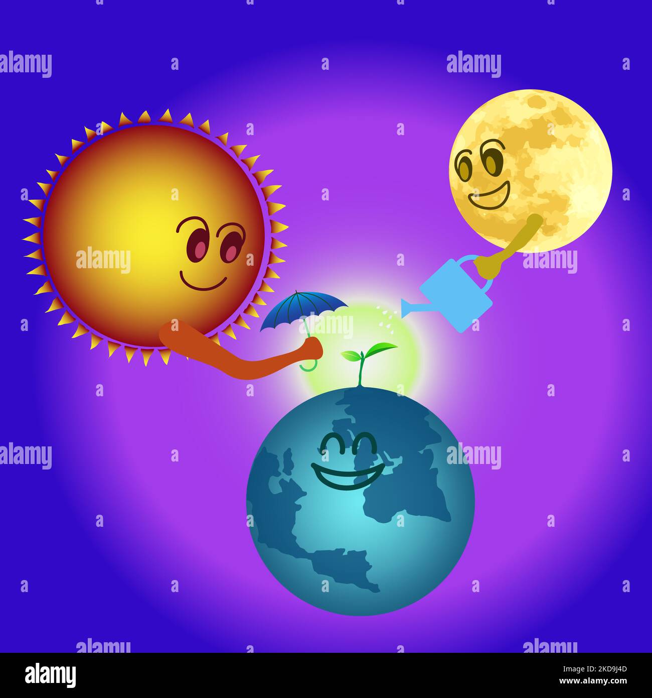 The moon and the sun help plant and care for the saplings on Earth ...