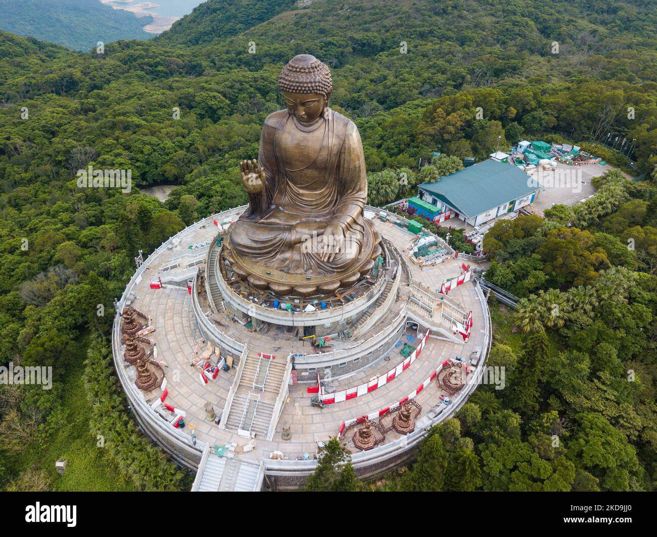 A view by drone of the Great Buddha of Ngong Ping, currently under ...