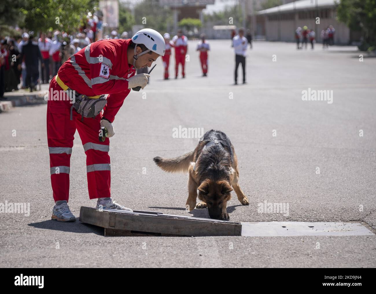 A member of the Iranian Red Crescent Society performs with a search and ...