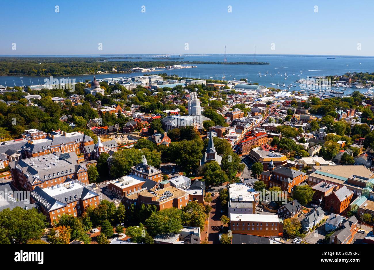 An aerial view of the Maryland State Capitol and harbor in Annapolis ...