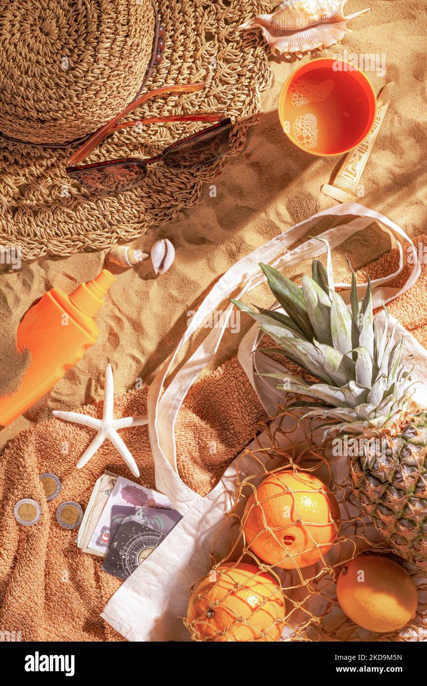 Concept of sandy beach holiday, top view. Sand background with space ...
