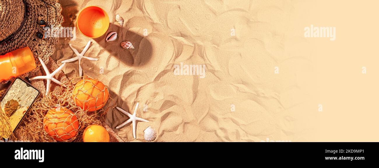 Concept of sandy beach holiday, top view, banner. Sand background with ...