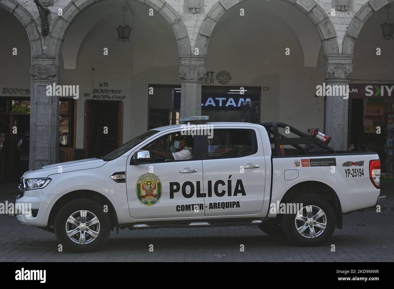 Police car in Arequipa center. On Monday, 11 April, 2022, in Arequipa ...