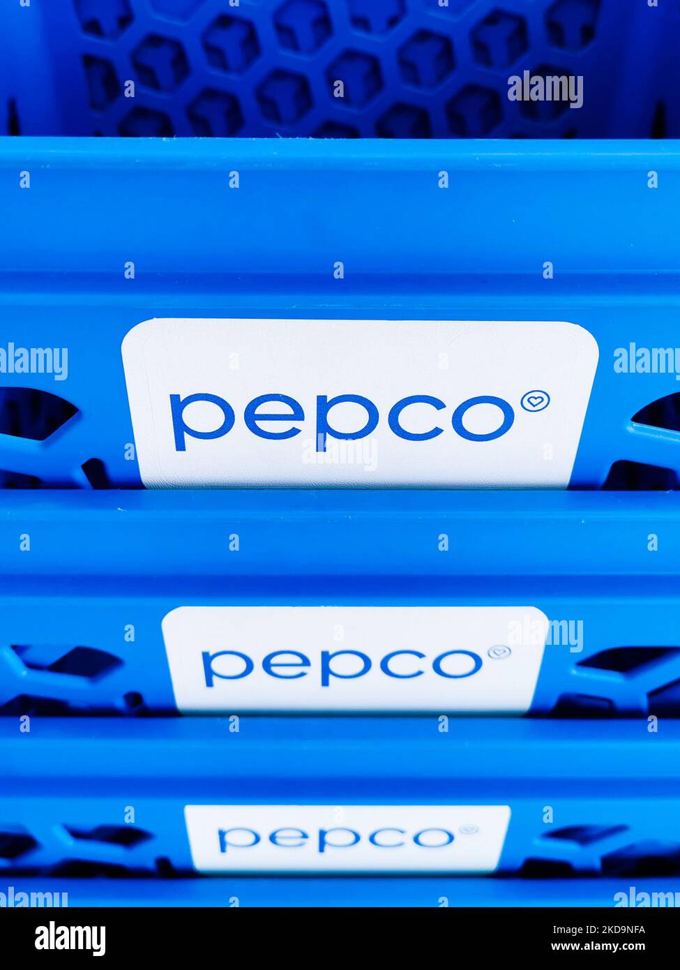 Pepco logo is seen on a shopping basket inside Pepco discount store in ...