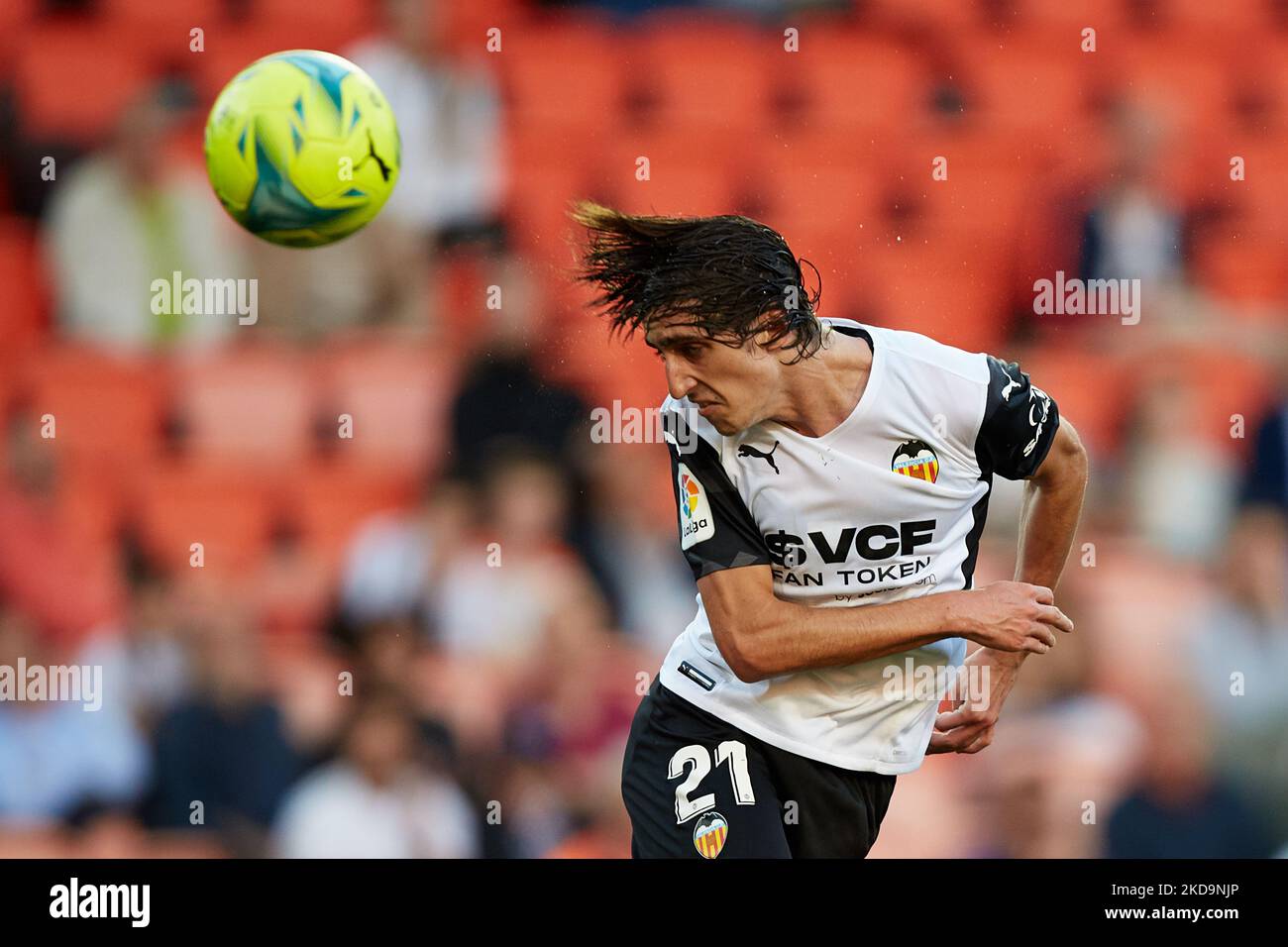 Bryan of Valencia CF heads the ball during the La Liga Santander match ...