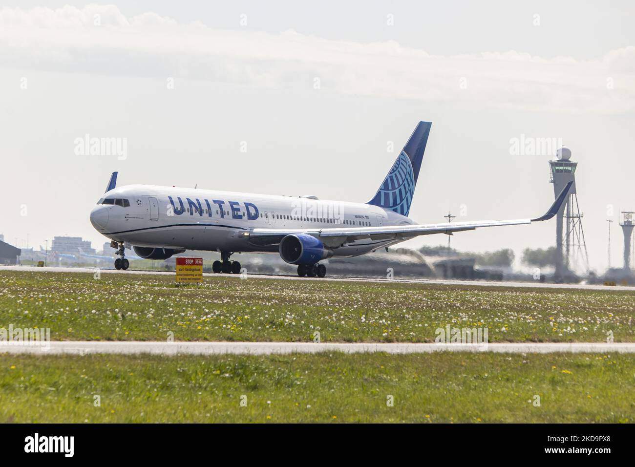 United Airlines Boeing 767-300 aircraft as seen departing from Amsterdam Schiphol Airport AMS ...