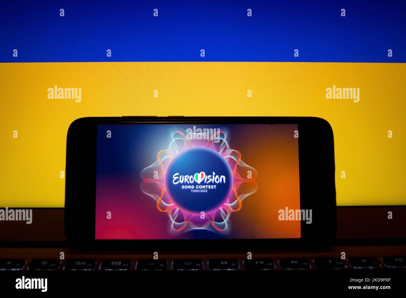 In this photo illustration an Eurovision 2022 logo seen displayed on a ...