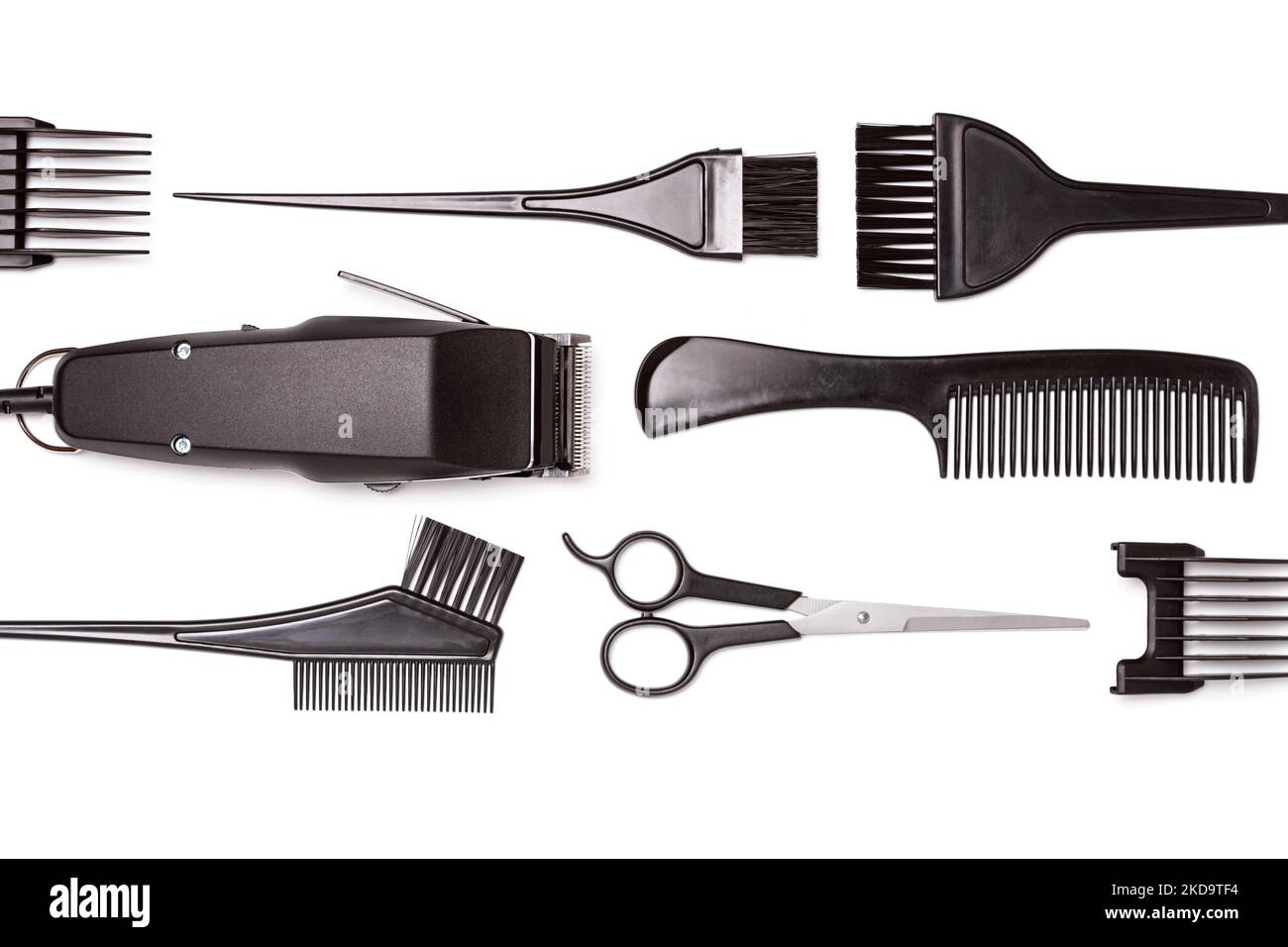 Set of professional hairdressing accessories isolated on white ...