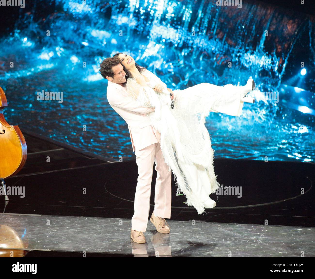 Mika and Laura Pausini performing during the Eurvision Song Contest ...
