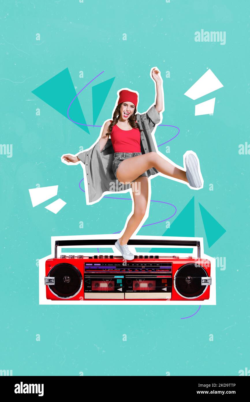 Collage artwork graphics picture of happy smiling lady having fun ...