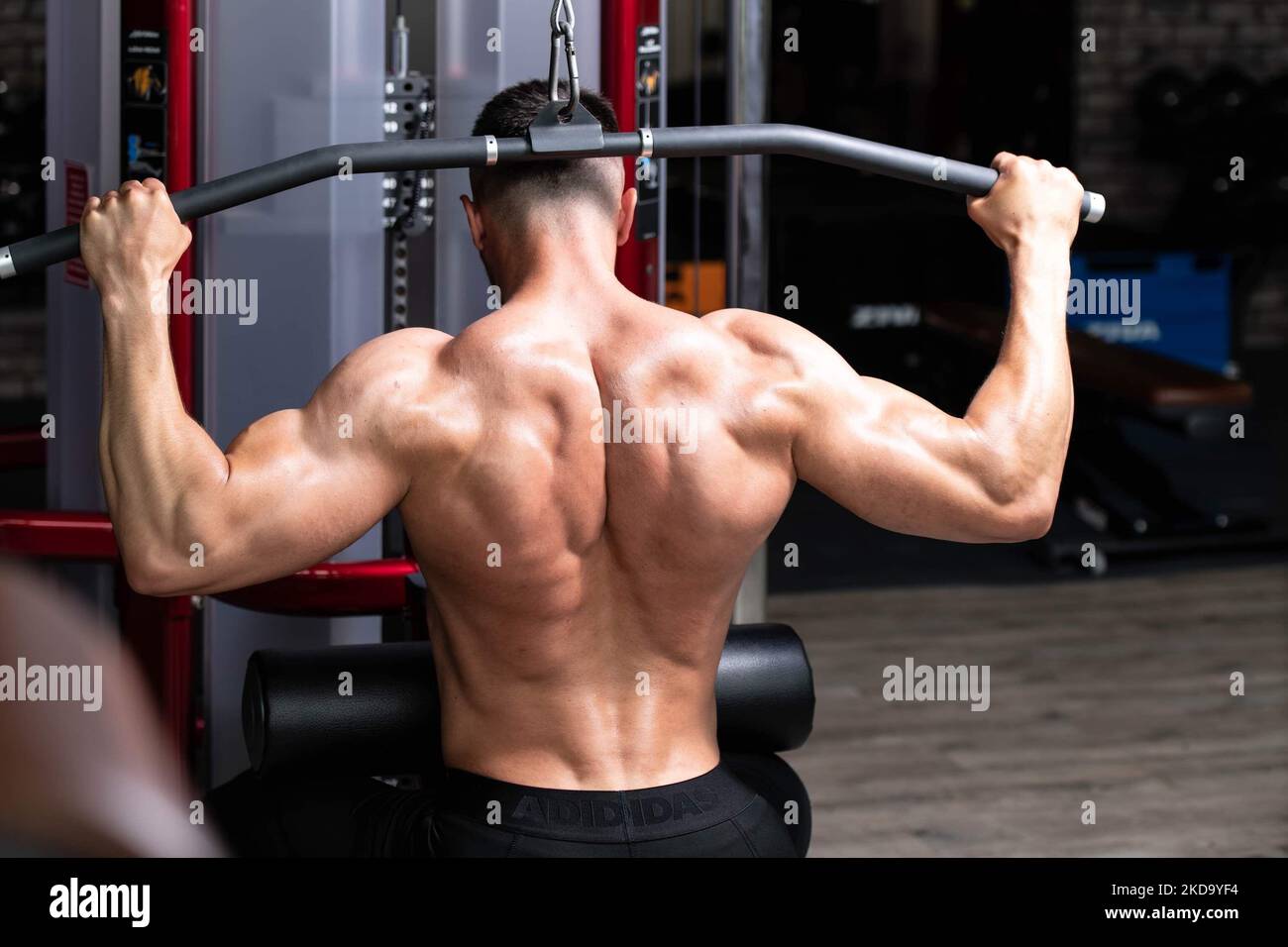 A man with a big back exercising in a gym with high intensity Stock ...