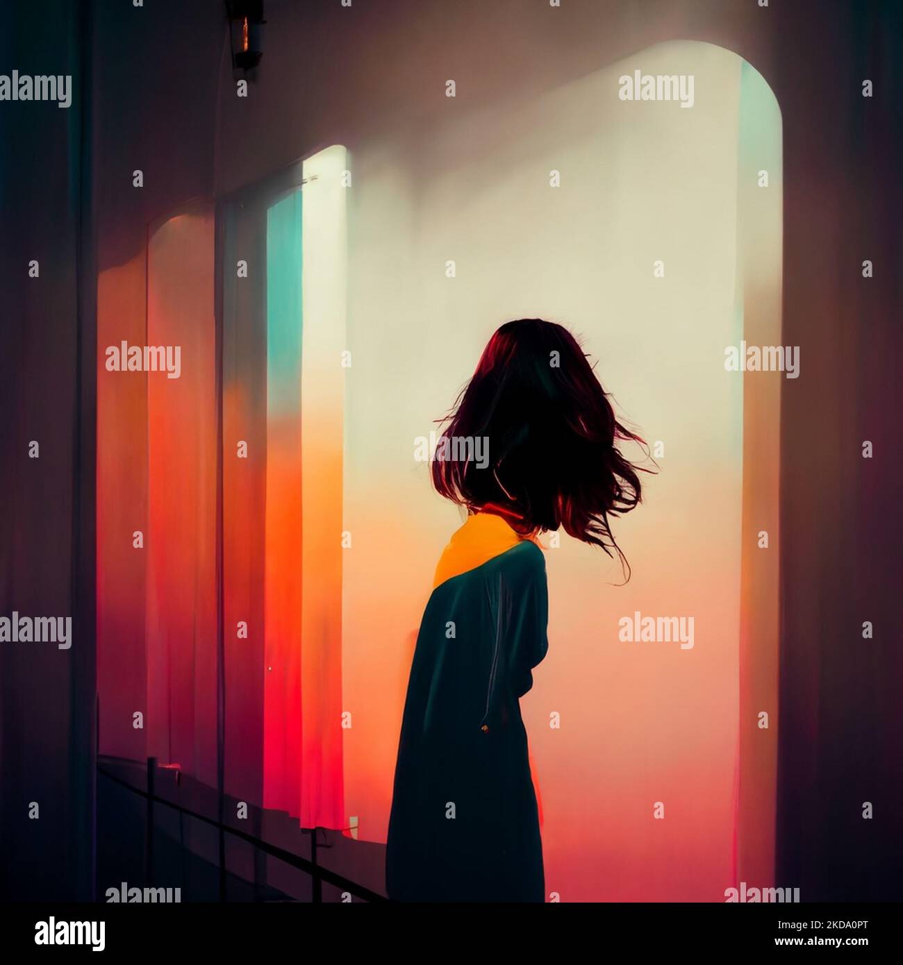 A back view of female looking back in colorful background Stock Photo ...