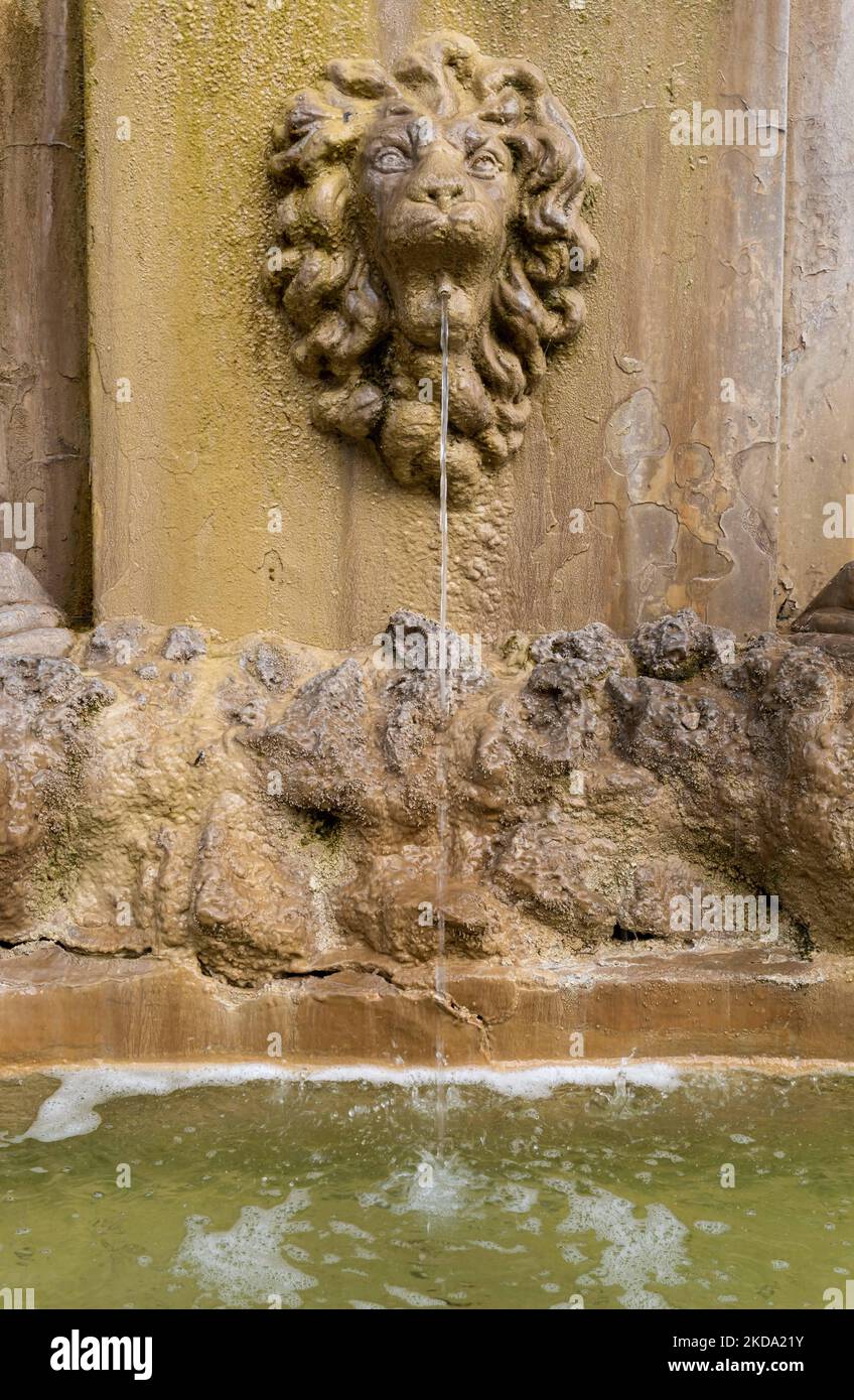 Fountain in the Majorcan city of Inca, with reliefs of lion faces ...