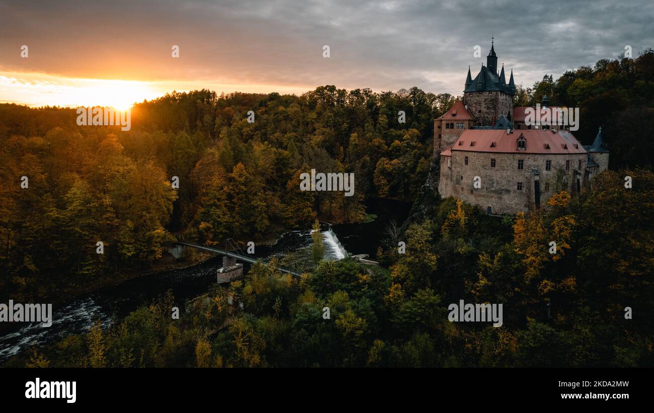A scenic view of Kriebstein Castle on bank of Zschopau river in Saxony ...