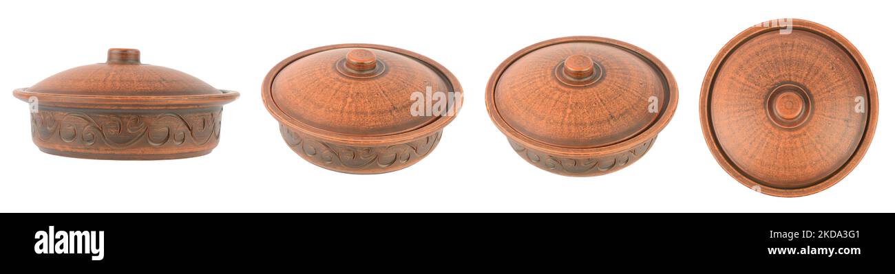 Set of beautiful clay pots with lid isolated on white background Stock ...
