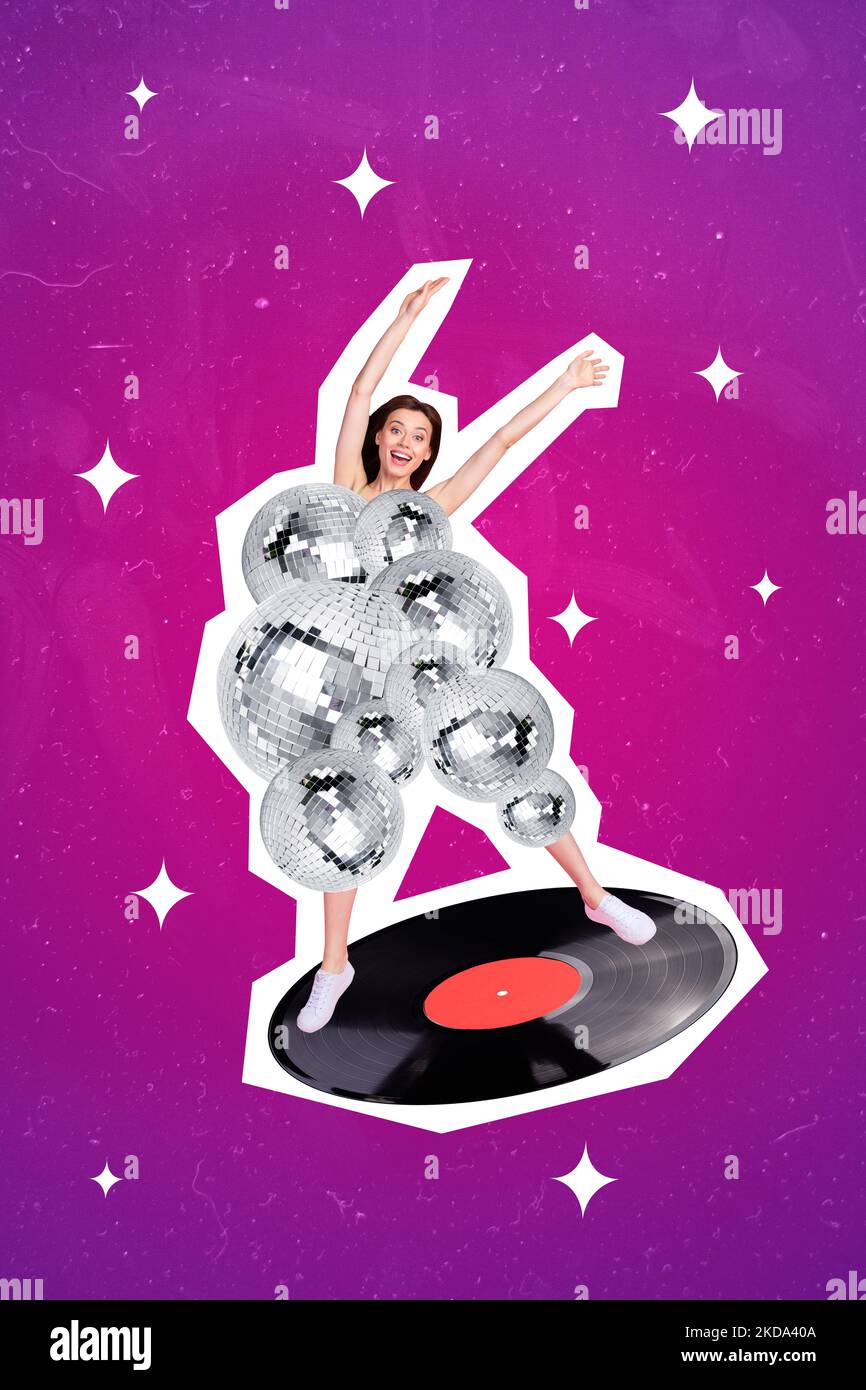 Vertical collage picture of overjoyed excited girl dancing stand big ...