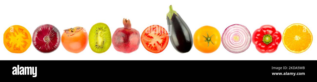 Sliced fruits and vegetables in row isolated on white background Stock ...