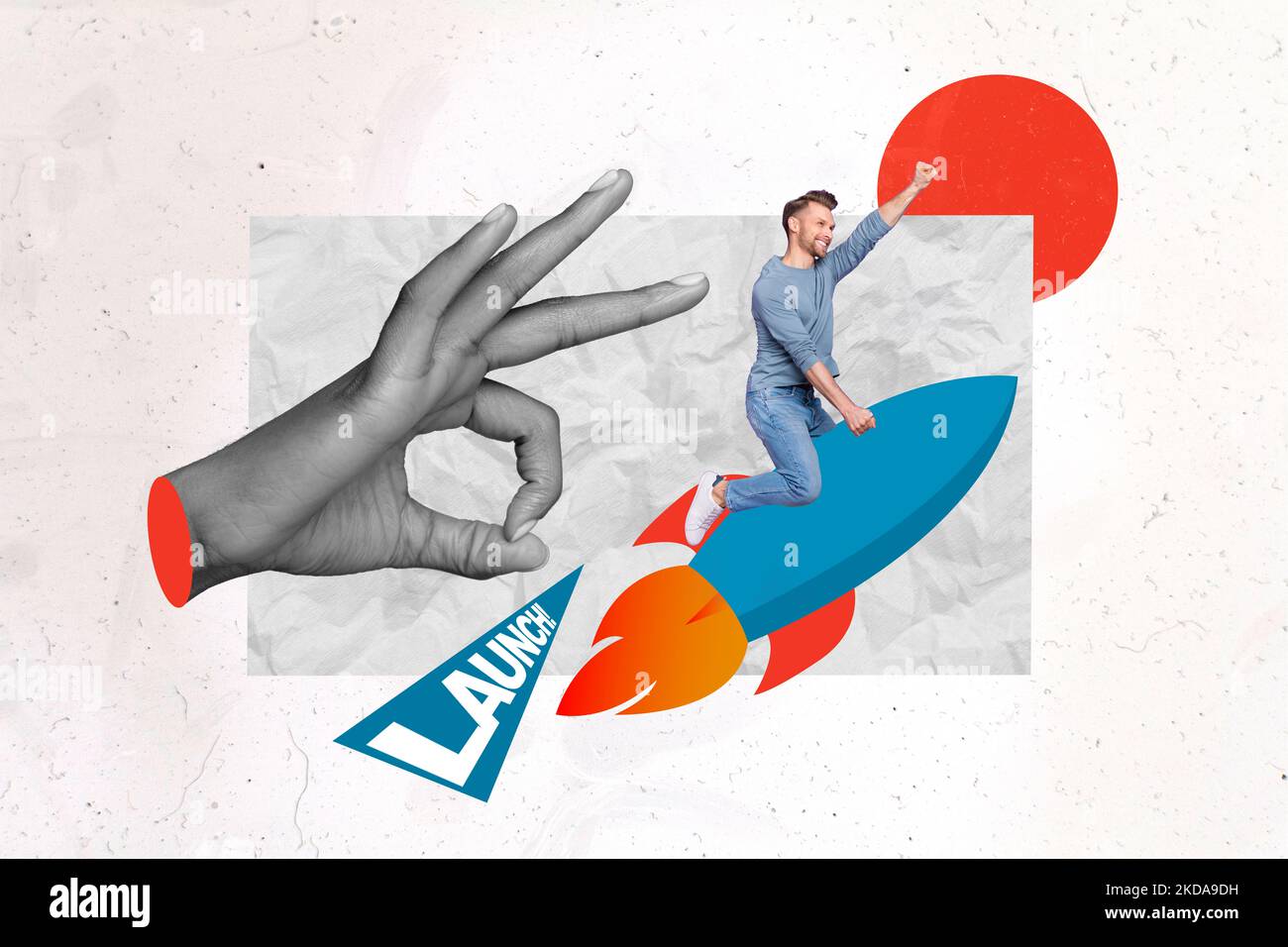 Magazine poster collage of business people flying up space shuttle big ...