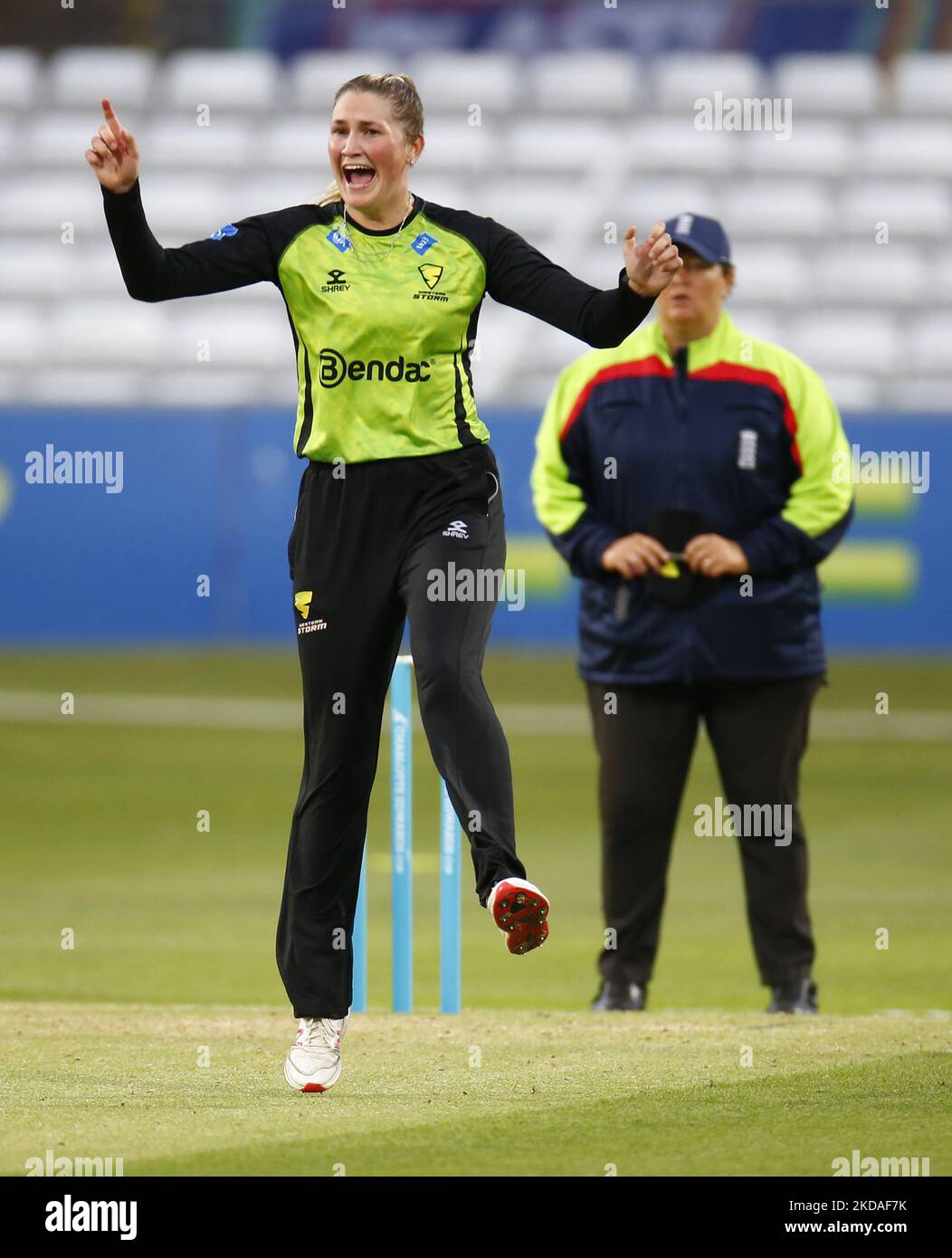 Western Storm's Alex Griffiths celebrates the wicket of Sunrisers Grace ...