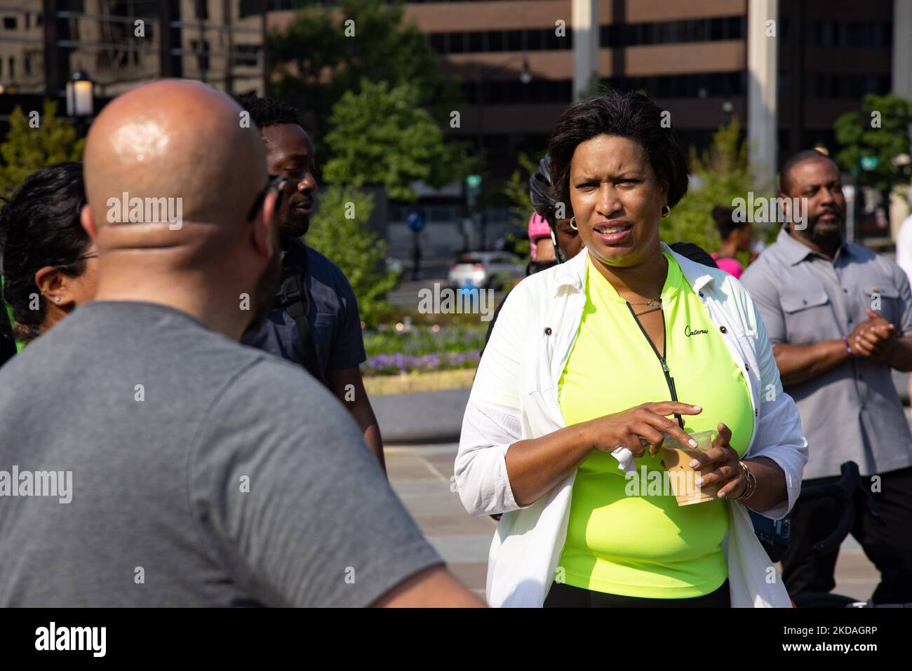 Washington, D.C. Mayor Muriel Bowser speaks to people during the 2022 ...