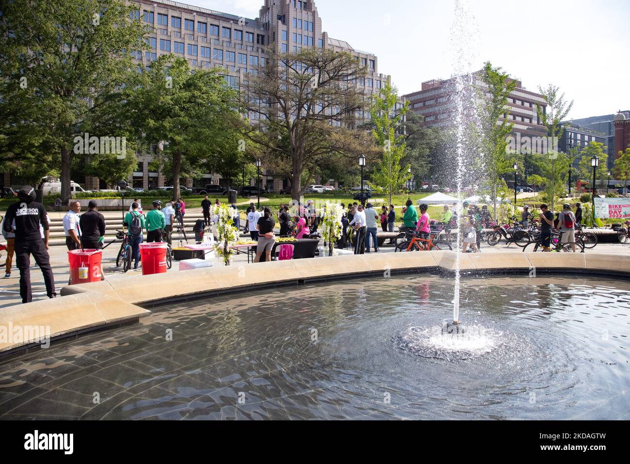 People attend the 2022 Bike to Work Day at Franklin Park in Washington ...