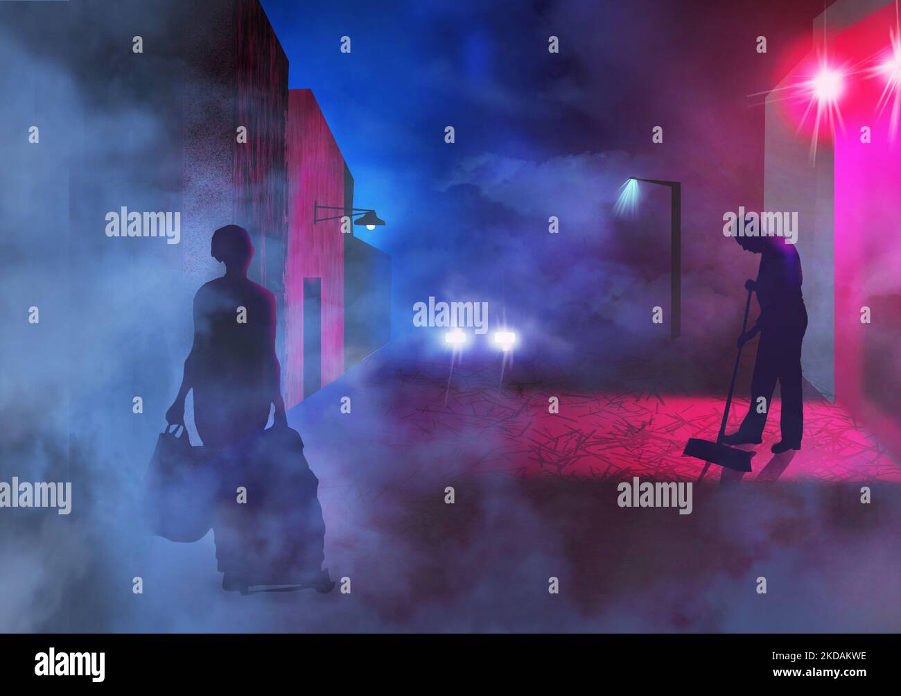 A runaway teen aged girl with luggage in tow walks through a dark and ...