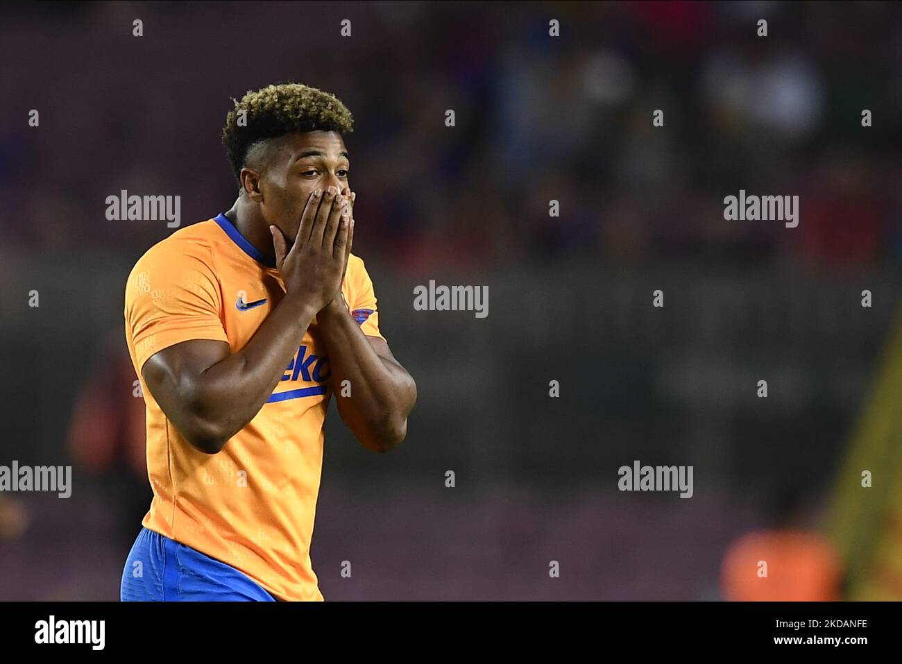 Adama Traore of Barcelona praying during the warm-up before the LaLiga ...
