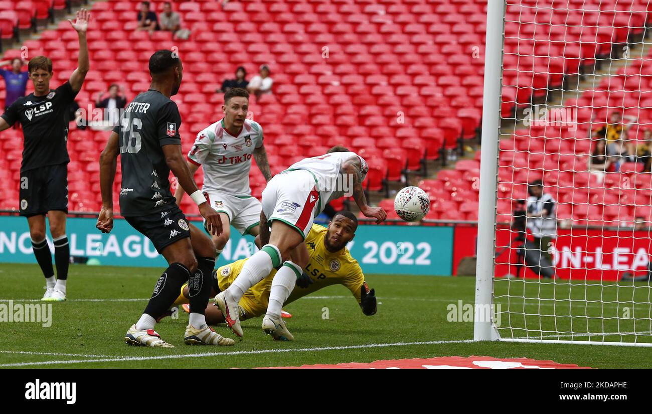 LONDON, ENGLAND - MAY 22: Wrexham's Jake Hyde scores was ruled out for ...