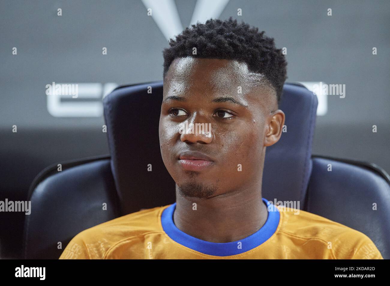 Ansu Fati of Barcelona sitting on the bench the LaLiga Santander match ...