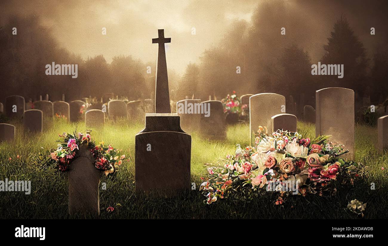 A dark and grim shot of a gravestone in a graveyard after a funeral ...