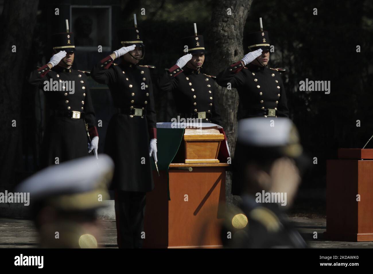 Elements of the Mexican army guard a small coffin inside the Panteón ...
