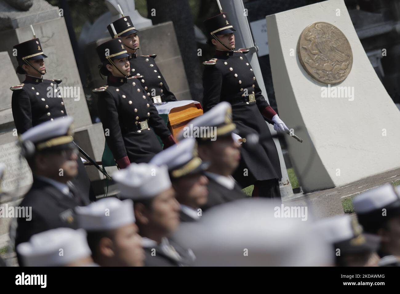 Elements of the Mexican army guard a small coffin inside the Panteón ...