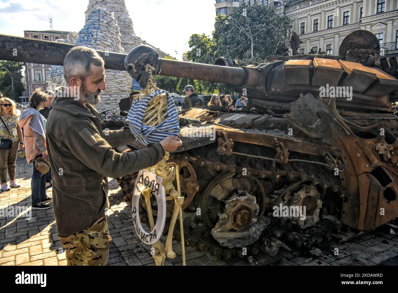 The symbolic skeleton of the Russian soldier stands close to destroyed ...