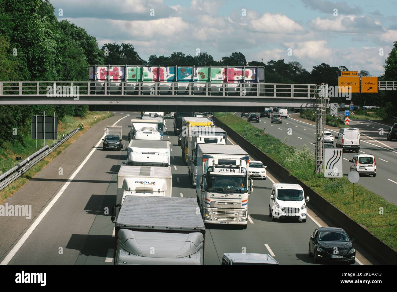 general view of traffic jam on A3 autobahn near Cologne, Germany on May ...
