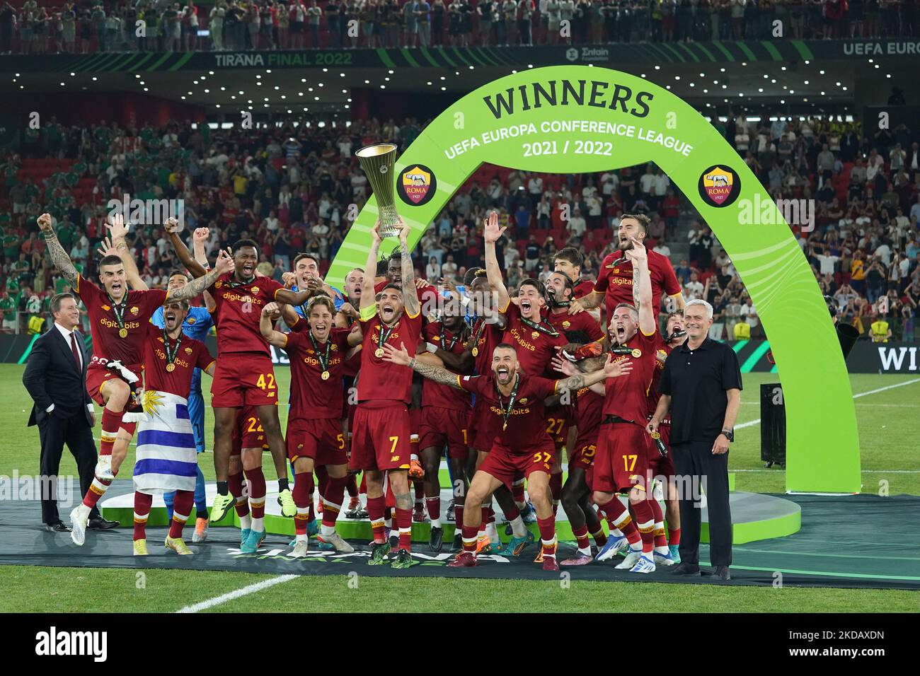 Lorenzo Pellegrini of AS Roma lifts the UEFA Europa Conference League ...
