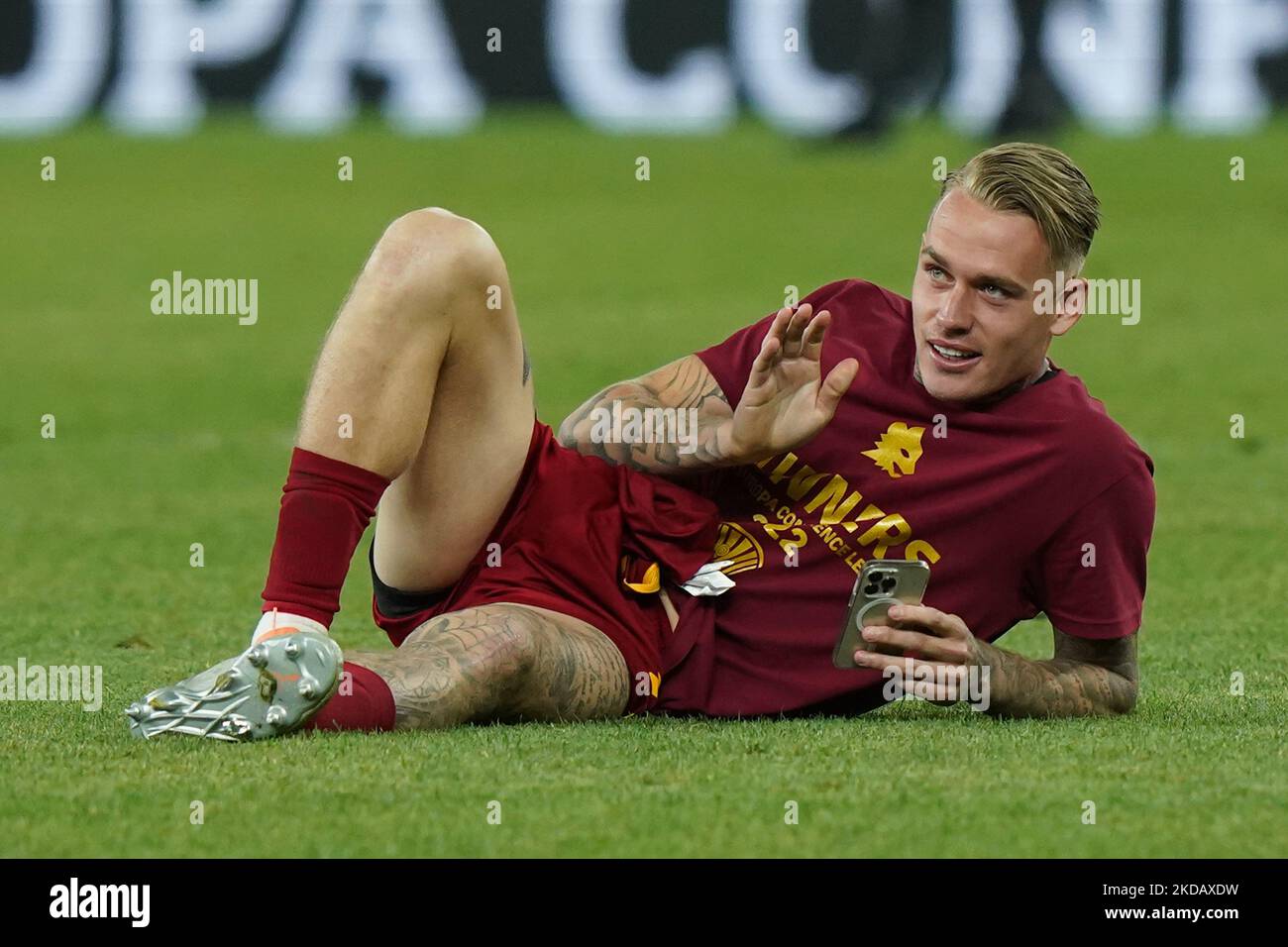 Rick Karsdorp of AS Roma celebrate after winning the UEFA Conference ...