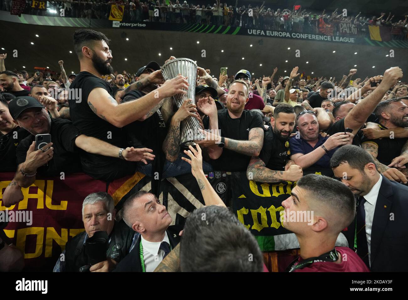 AS Roma fans celebrate with the trophy following the UEFA Conference ...
