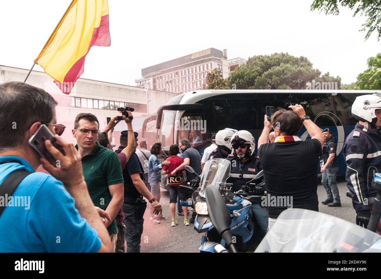 Two open-top As Roma coaches with the team and management on board left ...