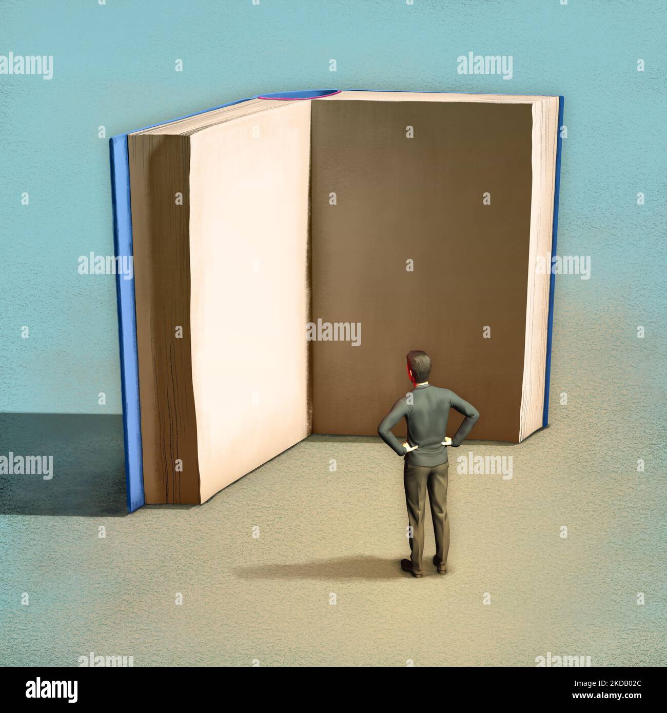 Man standing in front of an open book. Digital illustration, 3d ...